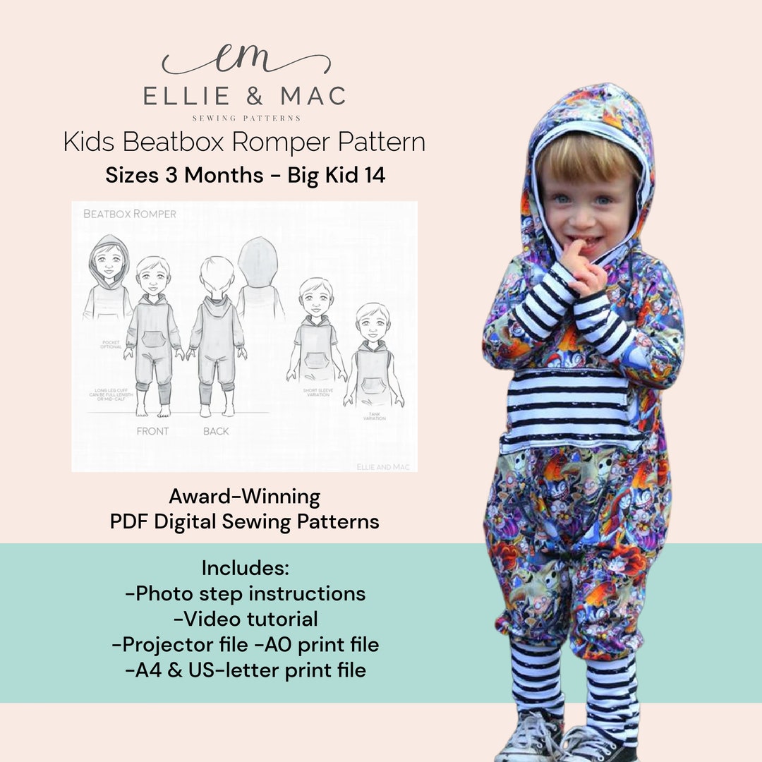 Kids Hooded Romper Pattern - Digital PDF Sewing Pattern - Sizes 3 ...