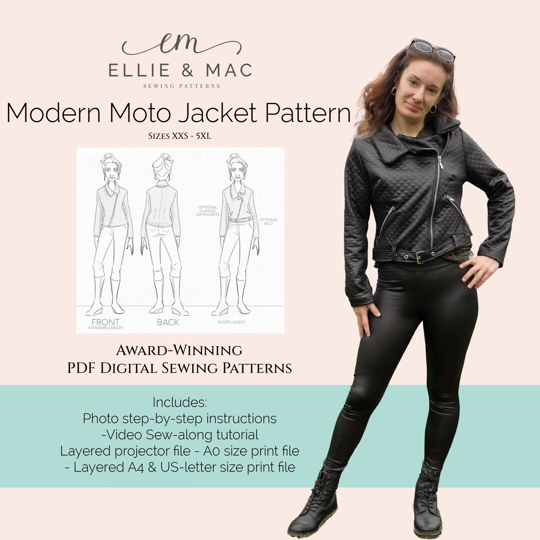 Modern Moto Jacket Coat Pattern - 11 Sizes XXS - 5XL - Projector File ...
