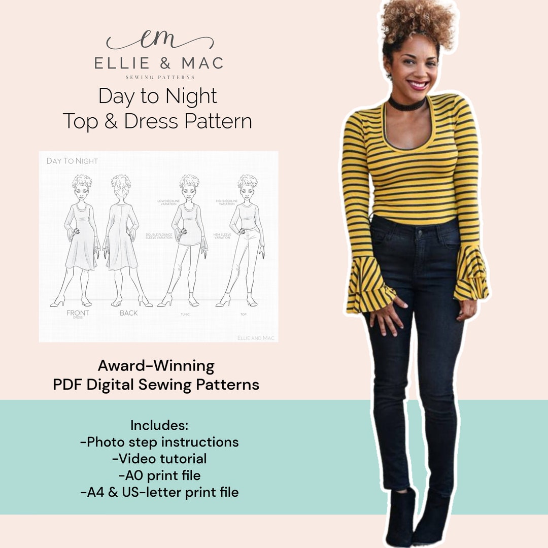 Bell Sleeve Top + Dress Sewing Pattern | 11 Sizes XXS - 5XL| Scoop Neck ...