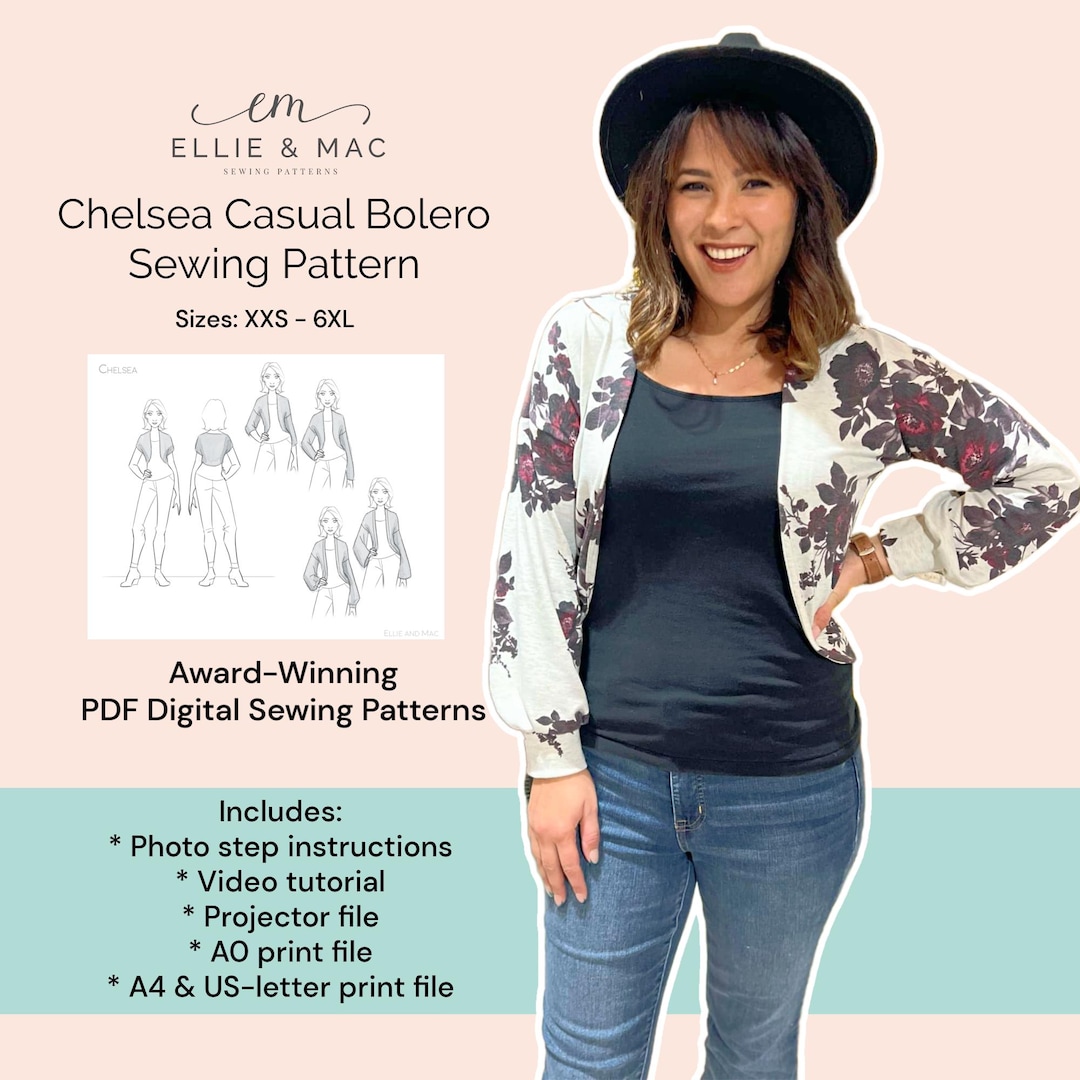Bolero Sewing Pattern | Projector Pattern | Sizes XXS - 6XL | PDF Sewing Pattern | Ellie and Mac ...