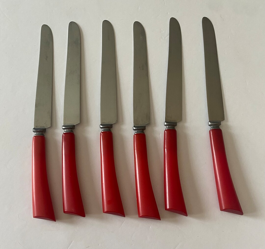 Vintage MCM Bakelite Red Handles Stainless Steel Flatware: Set of Six ...