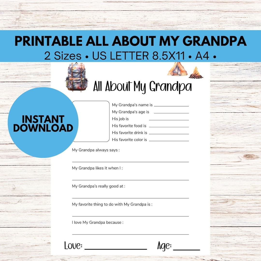 Fathers Day Printable for Grandpa, All About My Grandpa, Gifts for ...