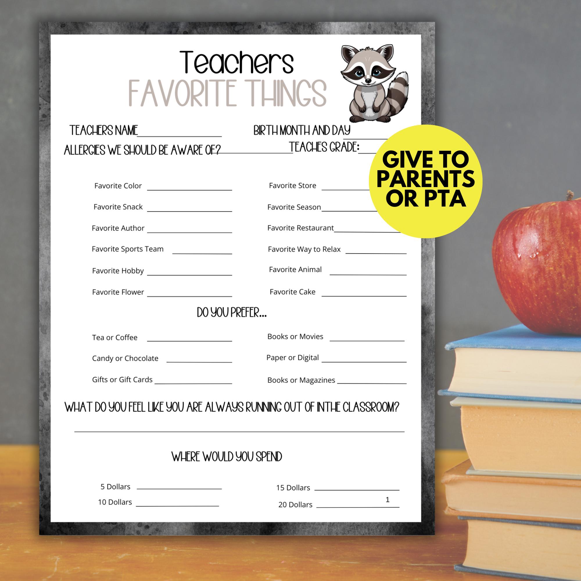 Teacher Favorite Things Survey, Teacher Favorites List Printable ...