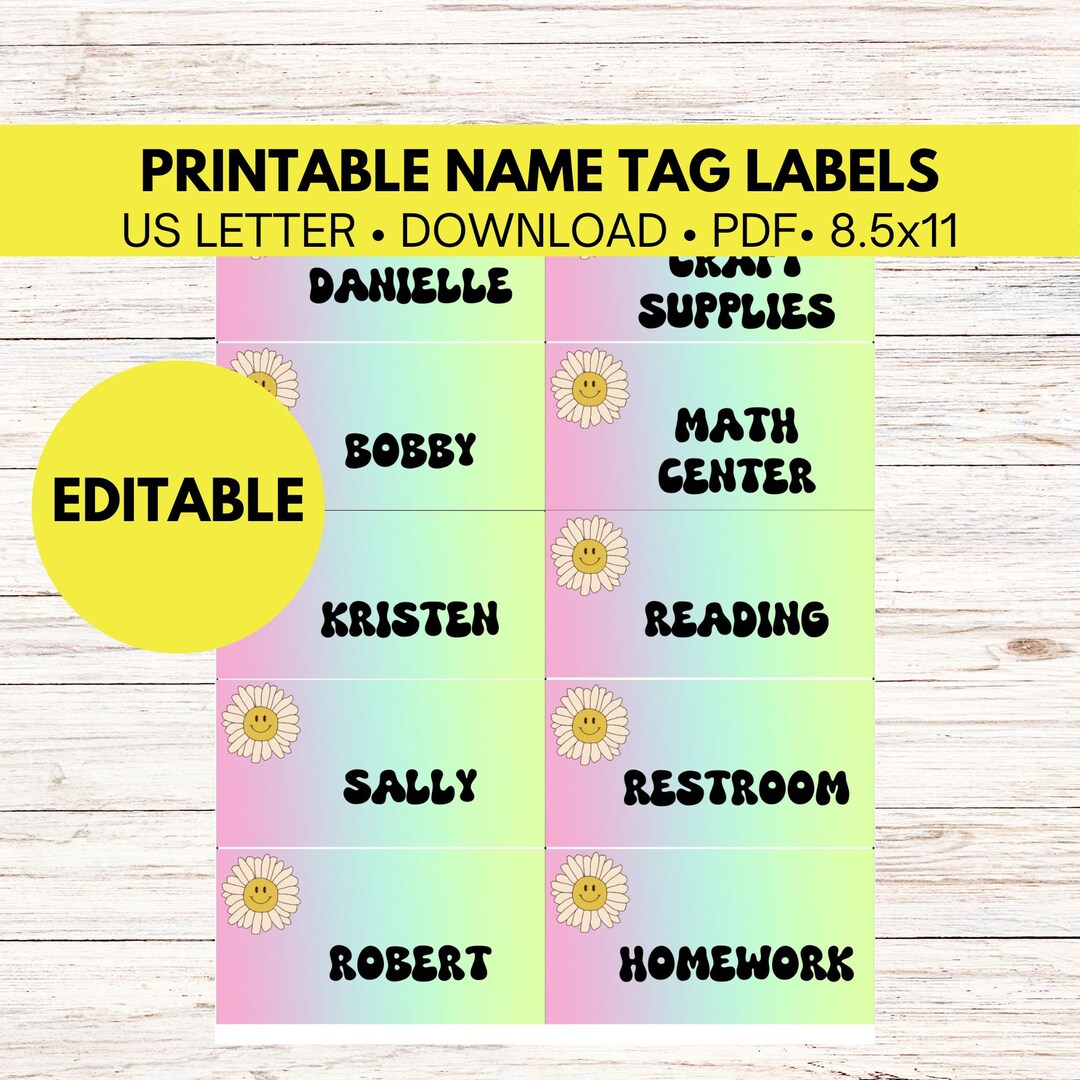Editable Student Name Tags, Printable Personalized Labels, Custom Name ...