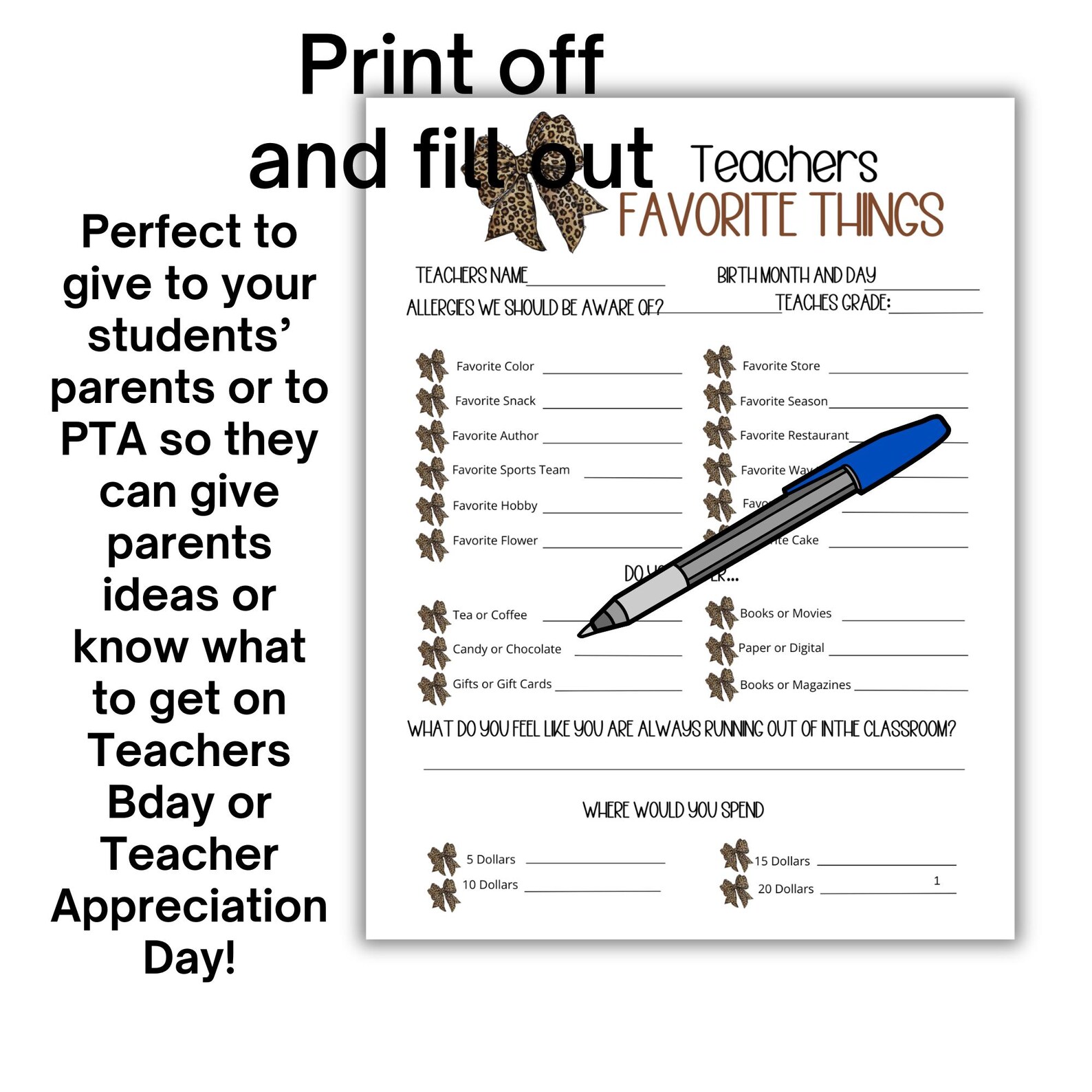 Teacher Favorites List Printable, Teacher Favorite Things Survey ...