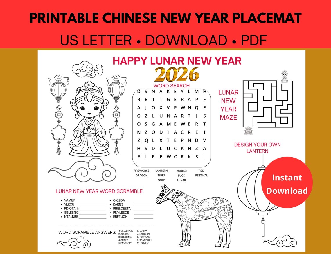 Lunar New Year Activity Placemat, Chinese New Year 2026, Lunar New Year ...