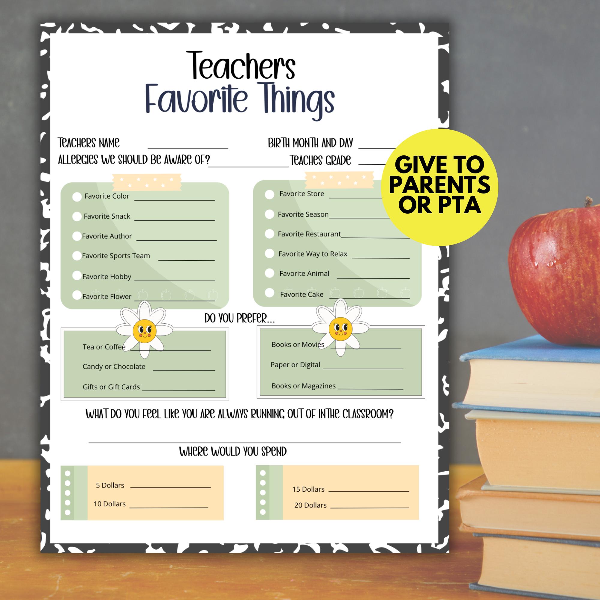 Teacher Favorites List Printable, Favorite Things Teacher List, Teacher ...