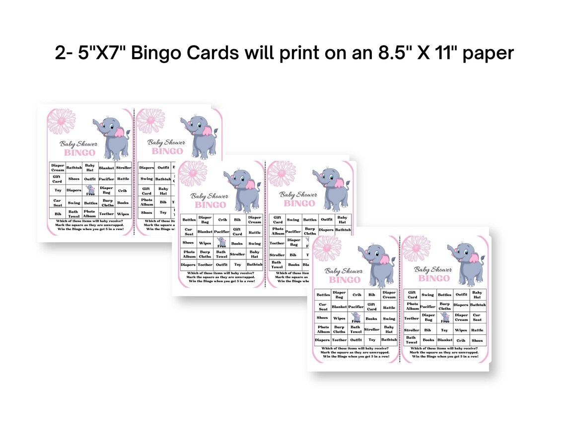 Girl Baby Shower Bingo Printable With Baby Elephant. Includes - Etsy