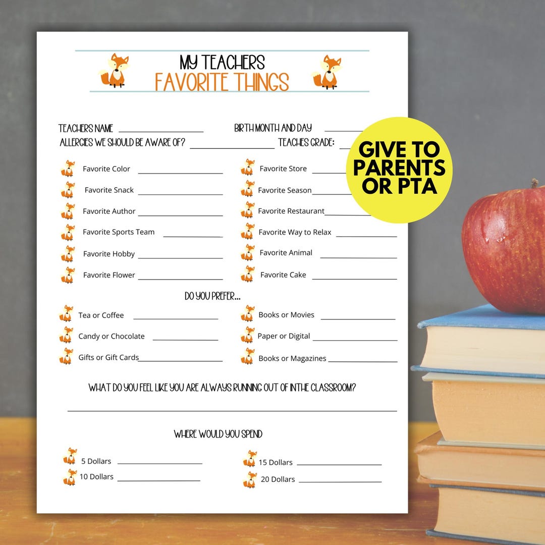 Teacher Favorite Things Survey, Teacher Questionnaire Favorites ...