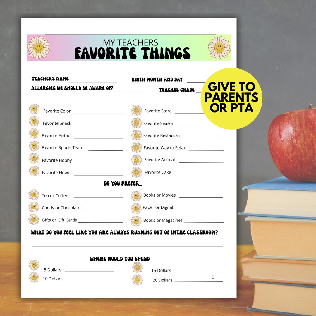 Teacher Favorite Things Survey, Teacher Questionnaire Favorites ...