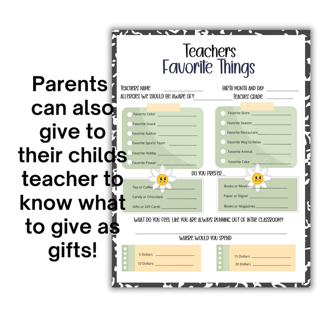 Teacher Favorites List Printable, Favorite Things Teacher List, Teacher ...