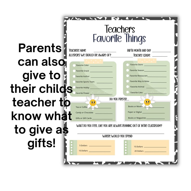 Teacher Favorites List Printable, Favorite Things Teacher List, Teacher ...