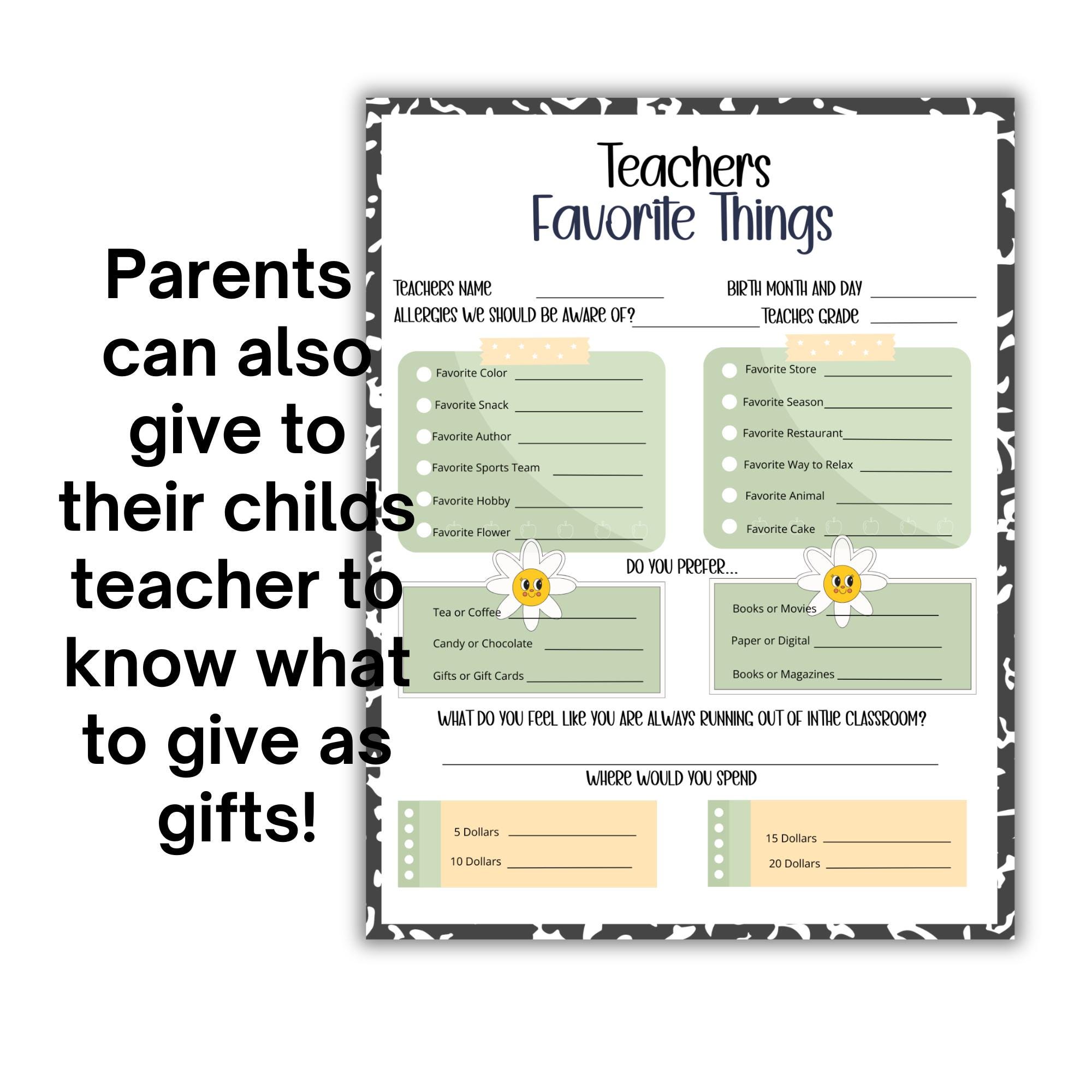 Teacher Favorites List Printable, Favorite Things Teacher List, Teacher ...