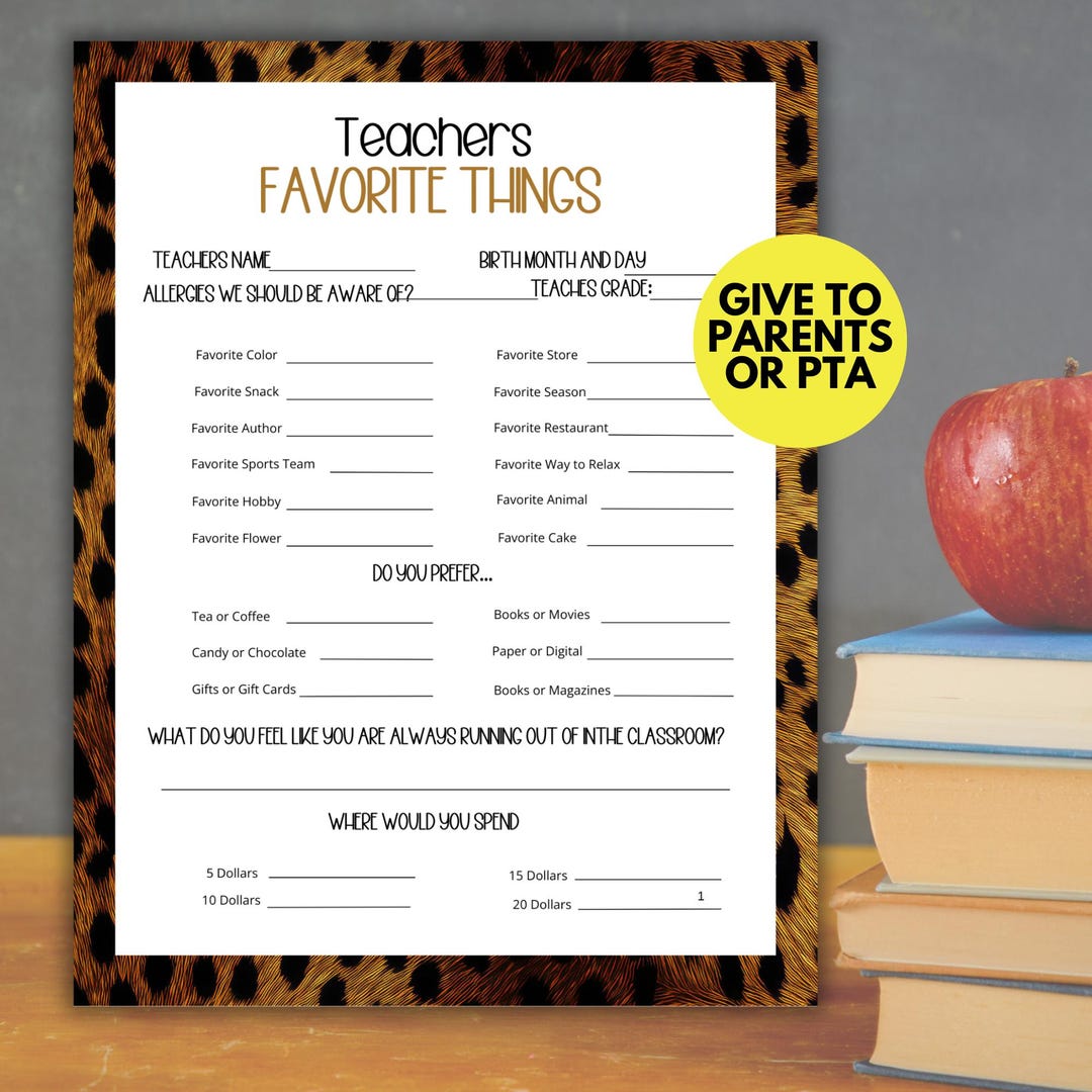 Favorite Things Teacher List, Teacher Favorites List Printable, Teacher ...