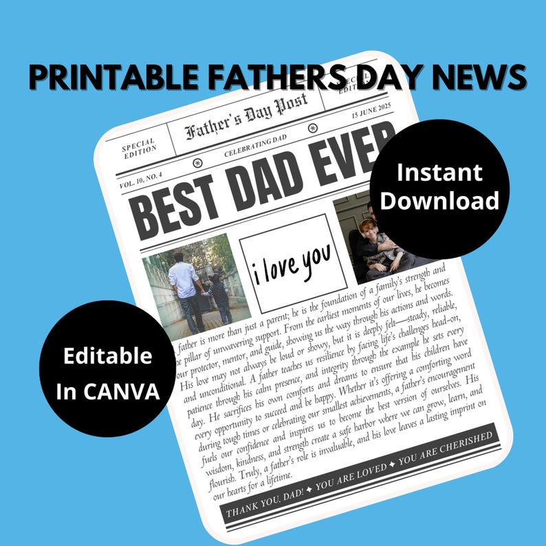 Fathers Day Printable, Fathers Day Newspaper Template, Personalized ...