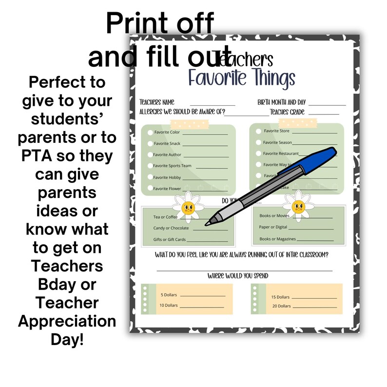 Teacher Favorites List Printable, Favorite Things Teacher List, Teacher ...