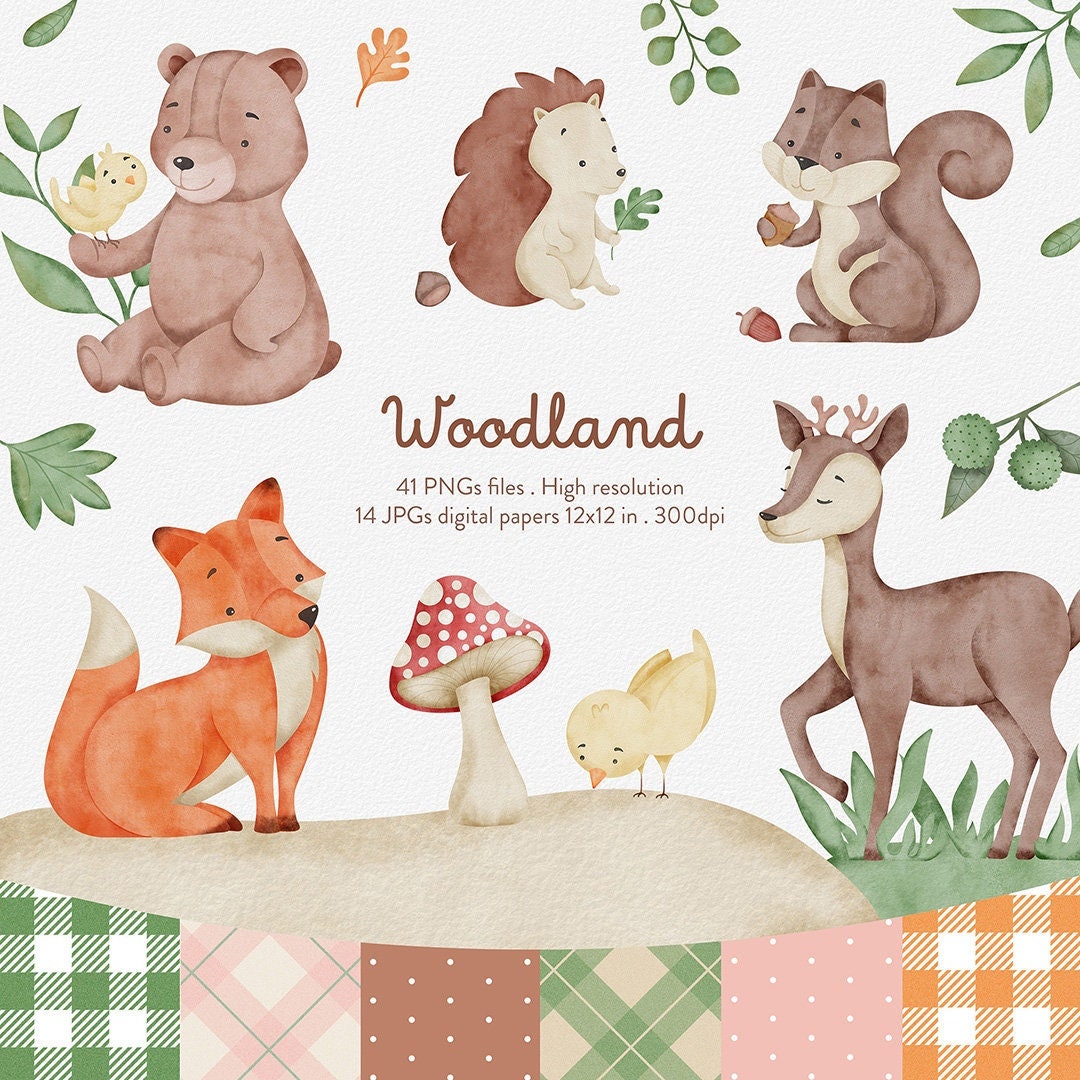 Woodland Animals Digital Watercolor Clipart, Woodland Animals Clipart ...