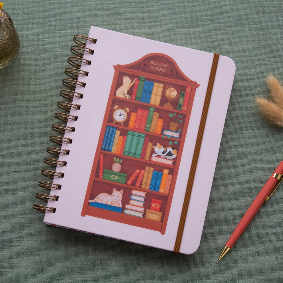 A5 Hardcover Reading Journal: Bookshelf & Cat Illustration, Book ...
