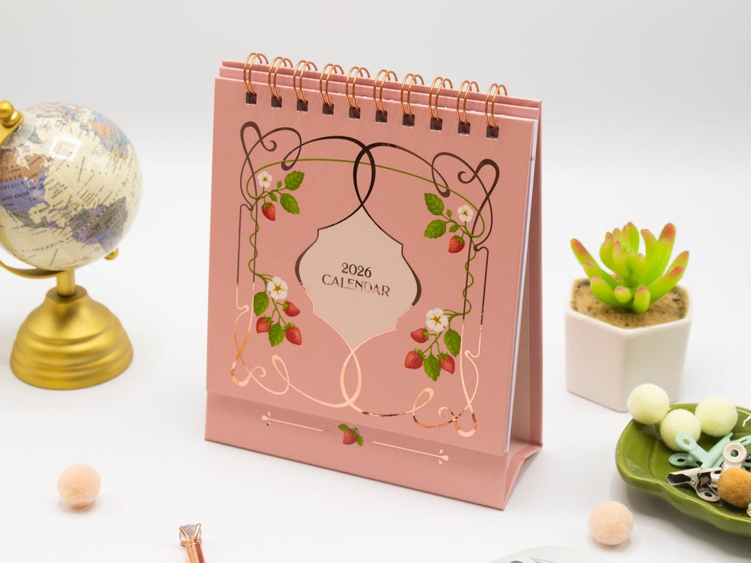 2026 Desk Calendar Pink With Rose Gold Foil and Strawberry Art - Etsy