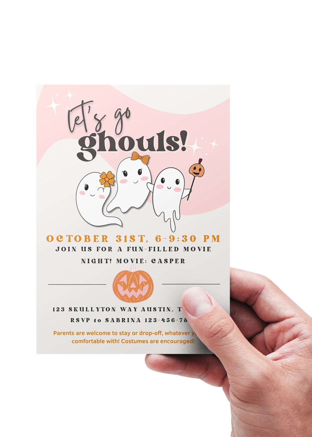 Halloween Pink Ghost Invitation Let's Go Ghouls Party Girly Cute ...