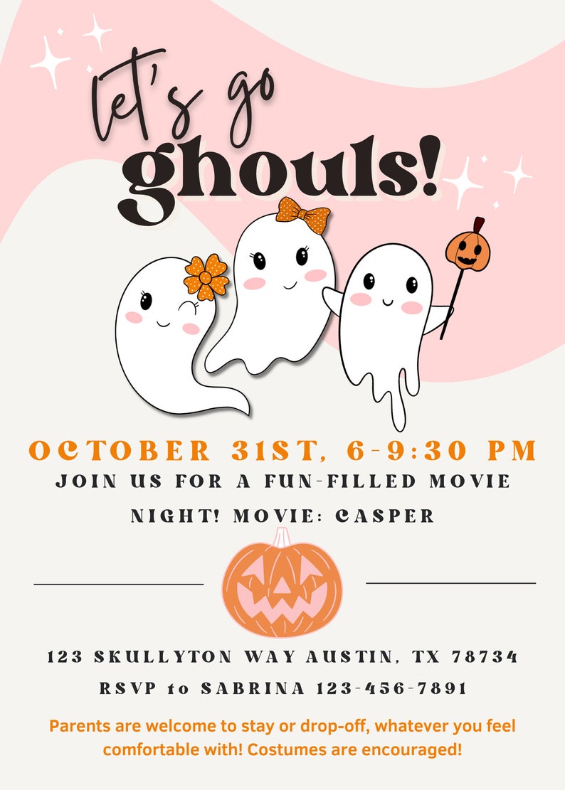 Halloween Pink Ghost Invitation Let's Go Ghouls Party Girly Cute ...