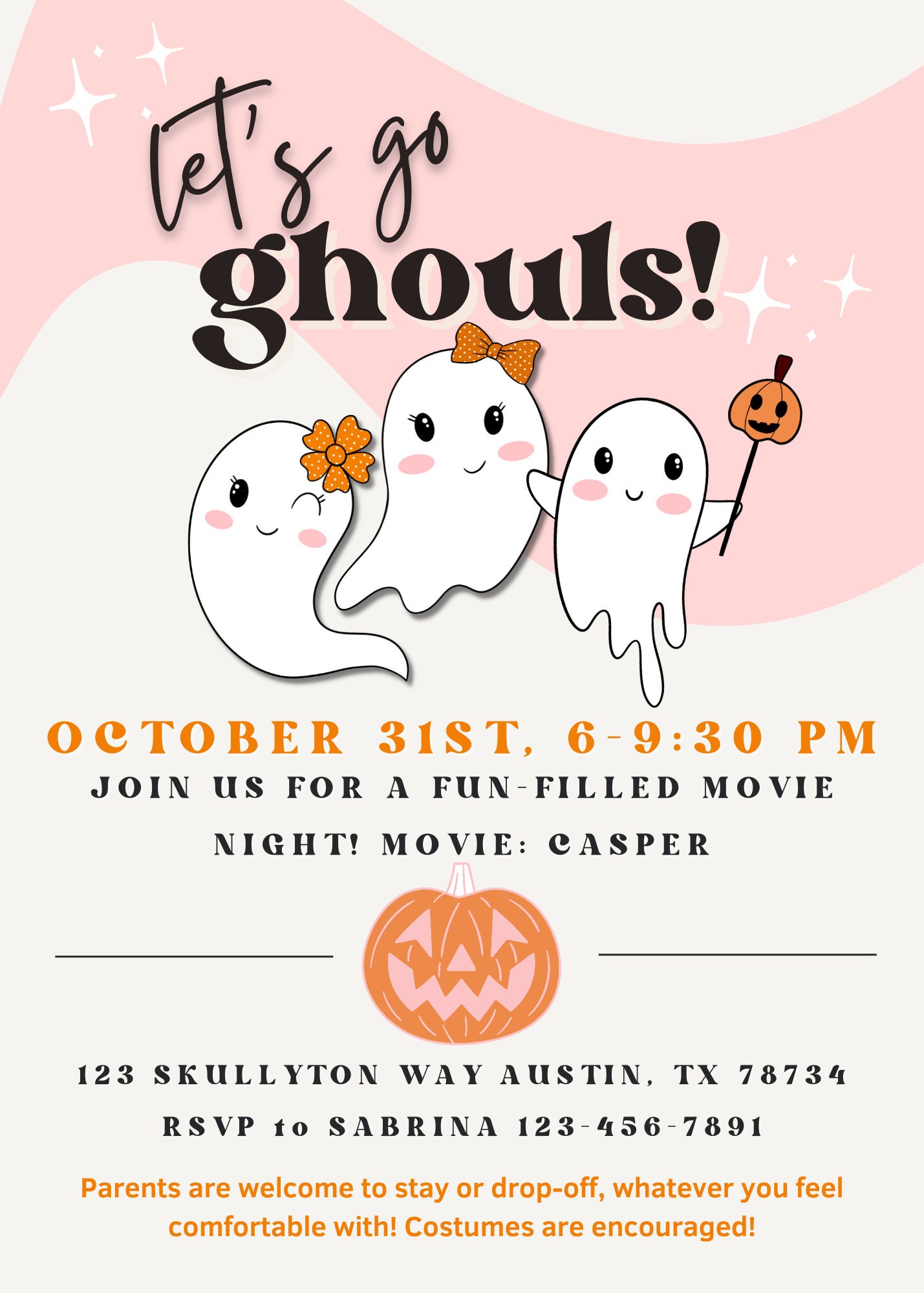 Halloween Pink Ghost Invitation Let's Go Ghouls Party Girly Cute ...