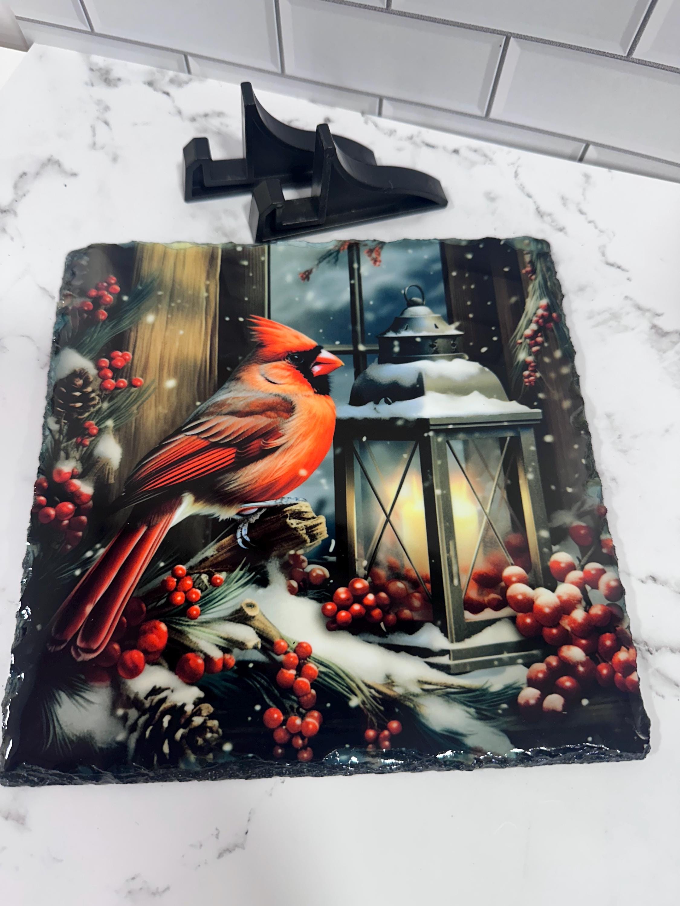 Red Cardinal Perched on a Holly Berry Tree Slate Rock Design, Christmas ...