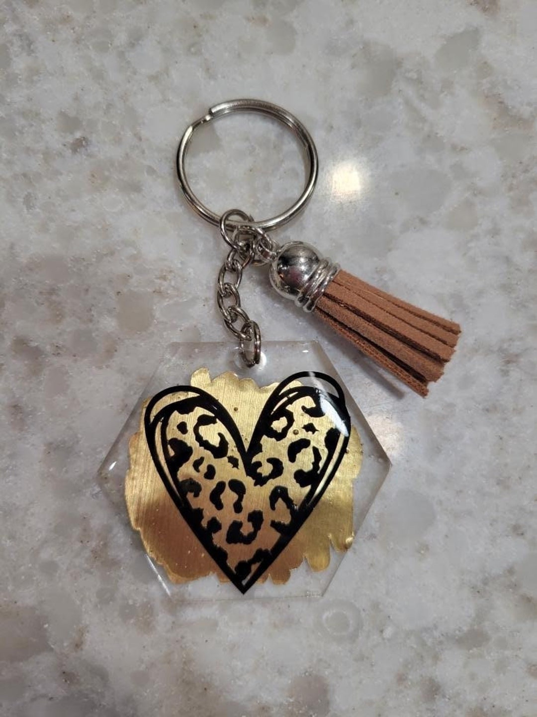 Paint Brush Stroke Cheetah Heart Keychain, Gold, Keychain With Tassel ...