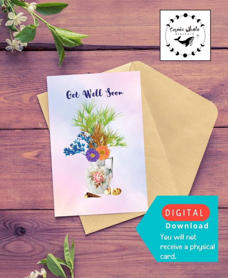 DIGITAL PRINTABLE Get Well Soon Card Pitcher Vase Flowers Seashells ...