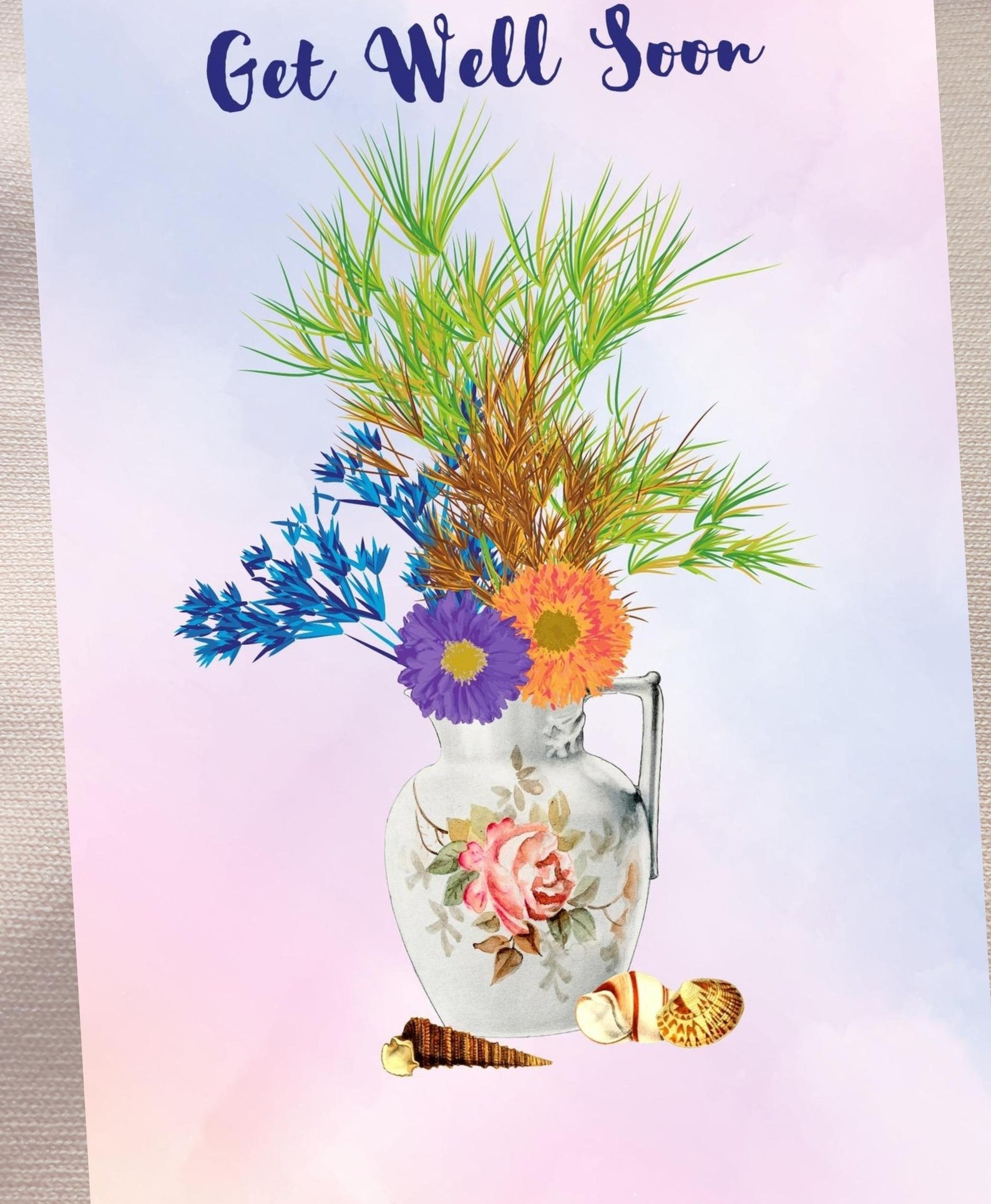 DIGITAL PRINTABLE Get Well Soon Card Pitcher Vase Flowers Seashells ...
