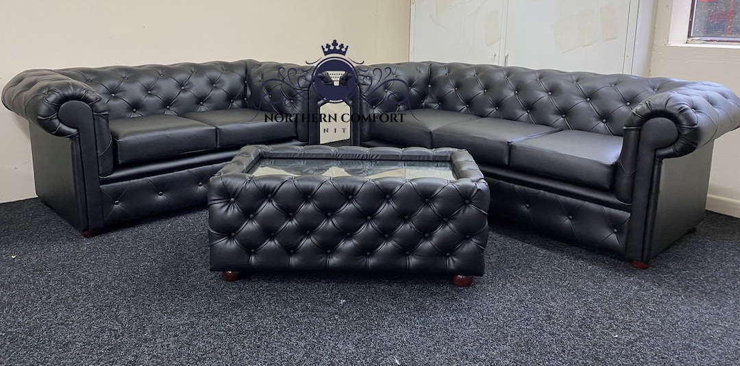 Grey leather chesterfield corner sofa store