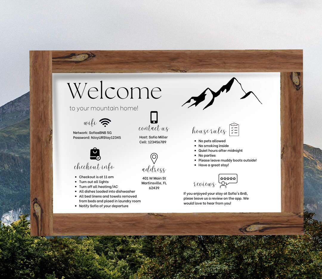 MOUNTAIN THEME Airbnb Welcome Sign Template in Canva, Vacation Rental ...