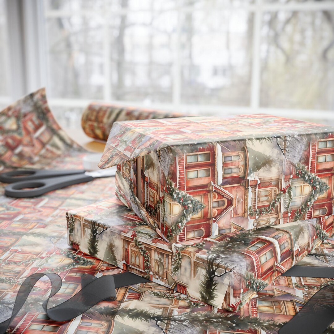 Cozy Christmas Village Wrapping Paper, Festive Brownstone Houses Gift ...