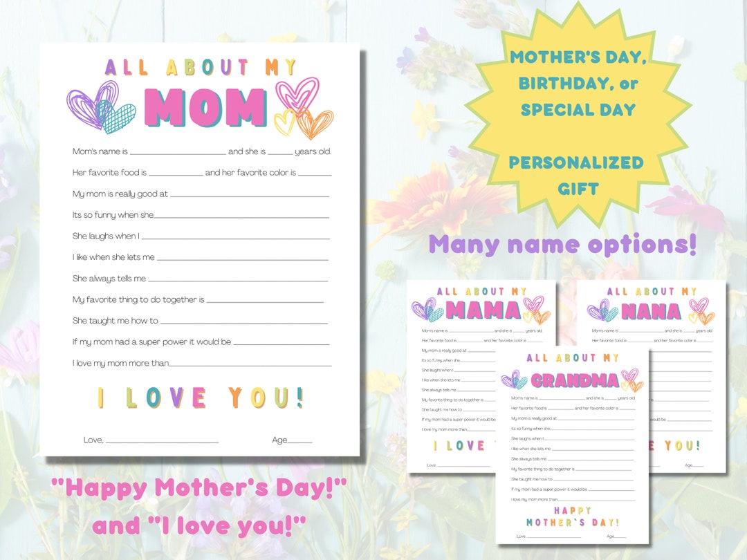 All About Mom Printable Fill in Template, Mothers Day Gift From Kids ...