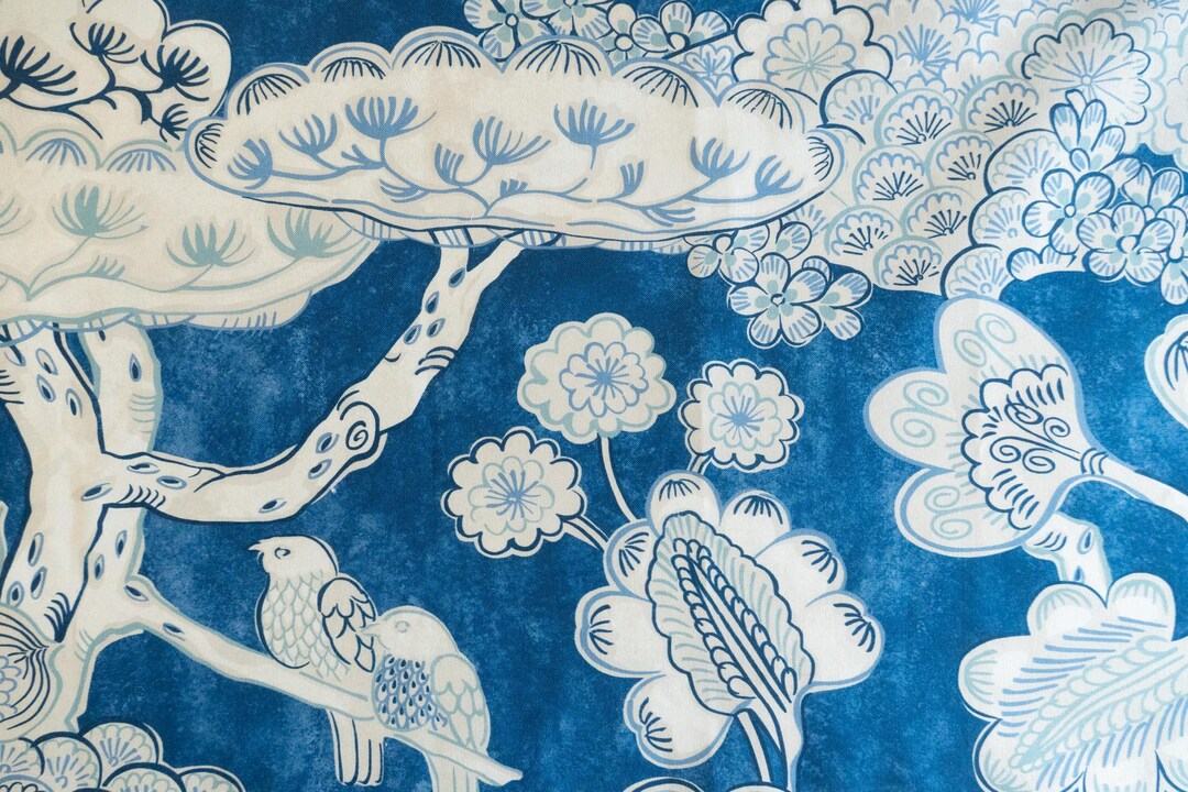 Anna French Thibaut "tree House" Blue Floral Bird Fabric Remnant 1 Yard ...