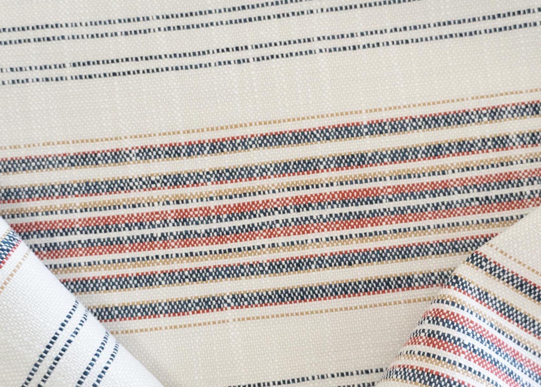 Designer Horizontal Blue and Red Striped White Linen Fabric 1 Yard Cut ...