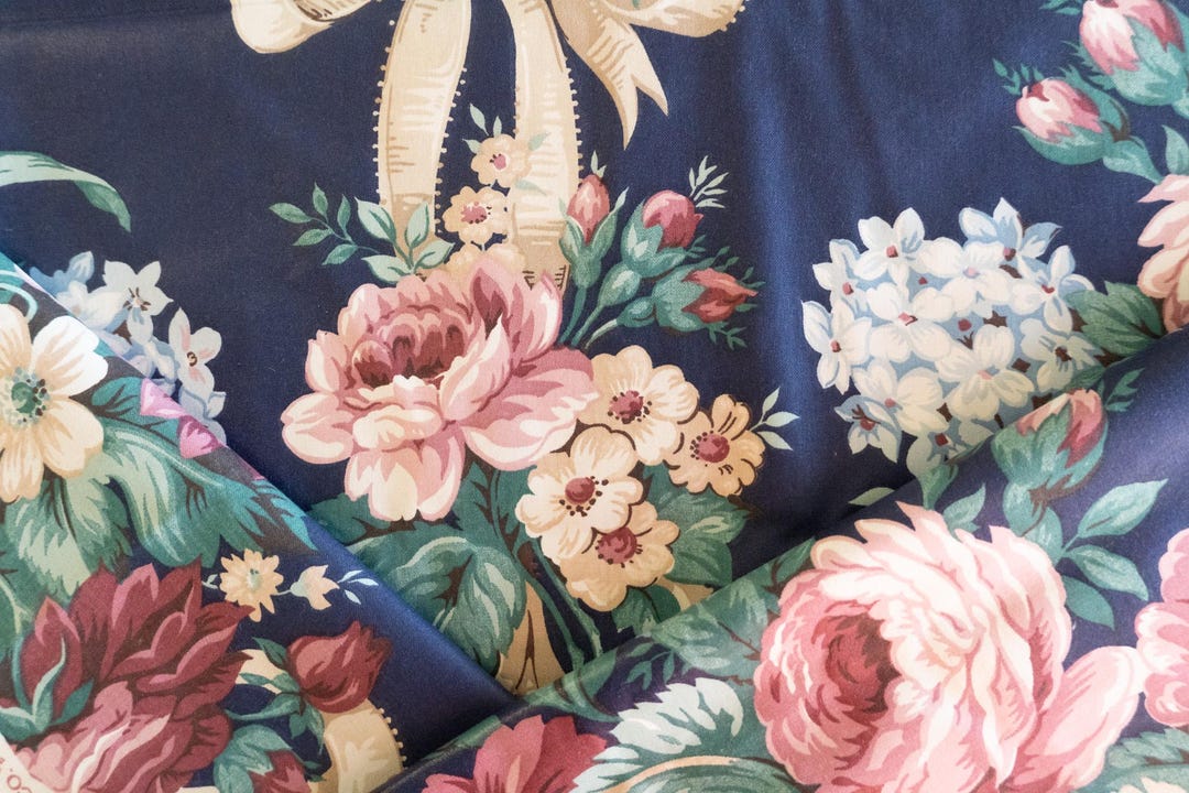 Vintage Waverly Floral Summertime Dark Blue Floral Fabric by the Yard ...