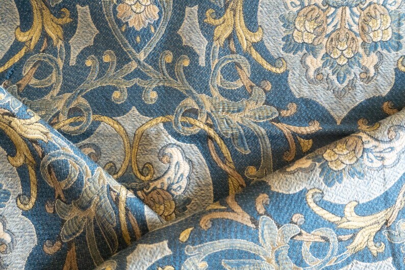 Vintage Blue and Gold Abstract Emblem Fabric Remnant One Yard - Etsy