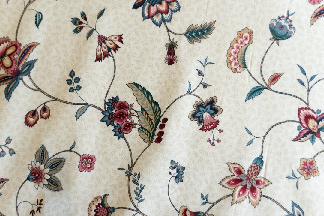 Vintage Waverly Floral Vine Toile Burgundy, Blue, and Cream Upholstery ...