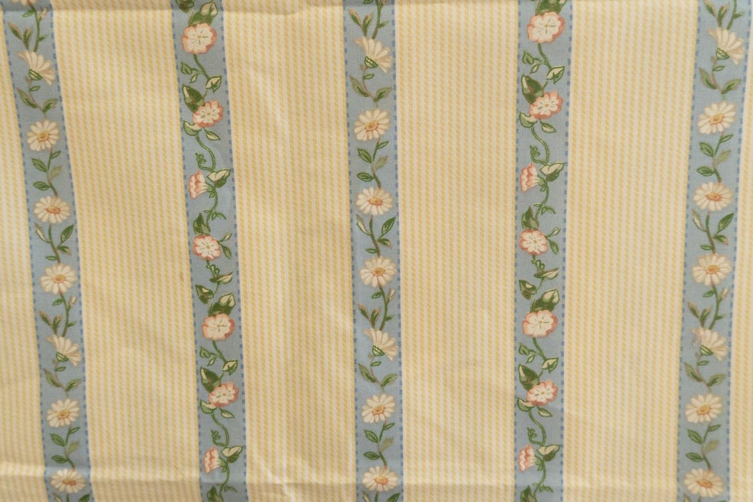 Vintage Waverly Yellow and Blue Floral Vertical Striped Waverly Fabric ...