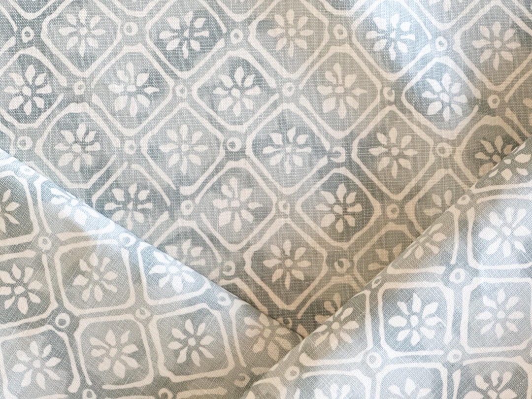 Namay Samay Designer Blue and Creme Bau Zhu Duck Egg Print Linen Fabric ...