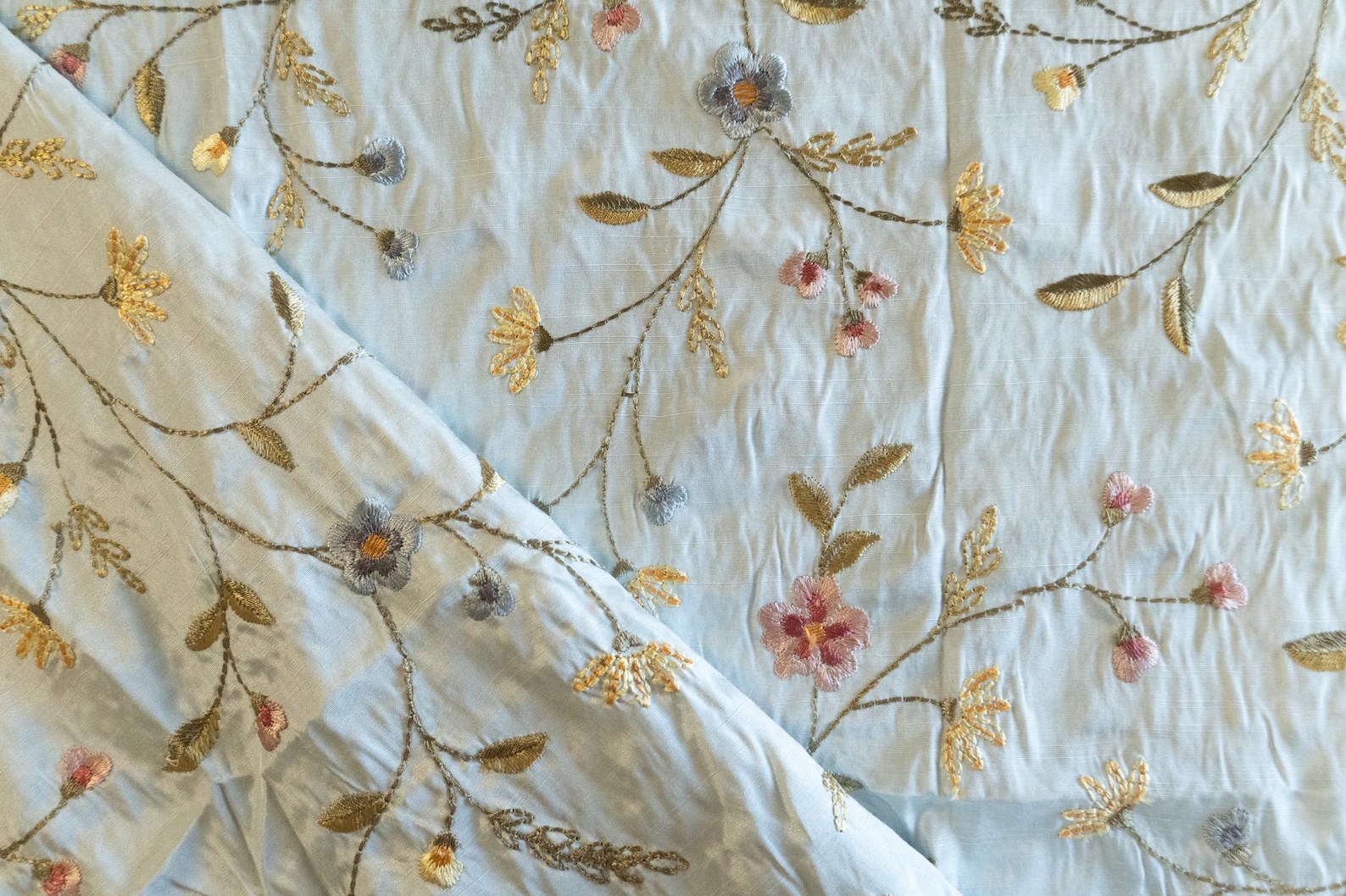 Light Blue Embroidered Flower Faux Silk Fabric by the Yard - Etsy
