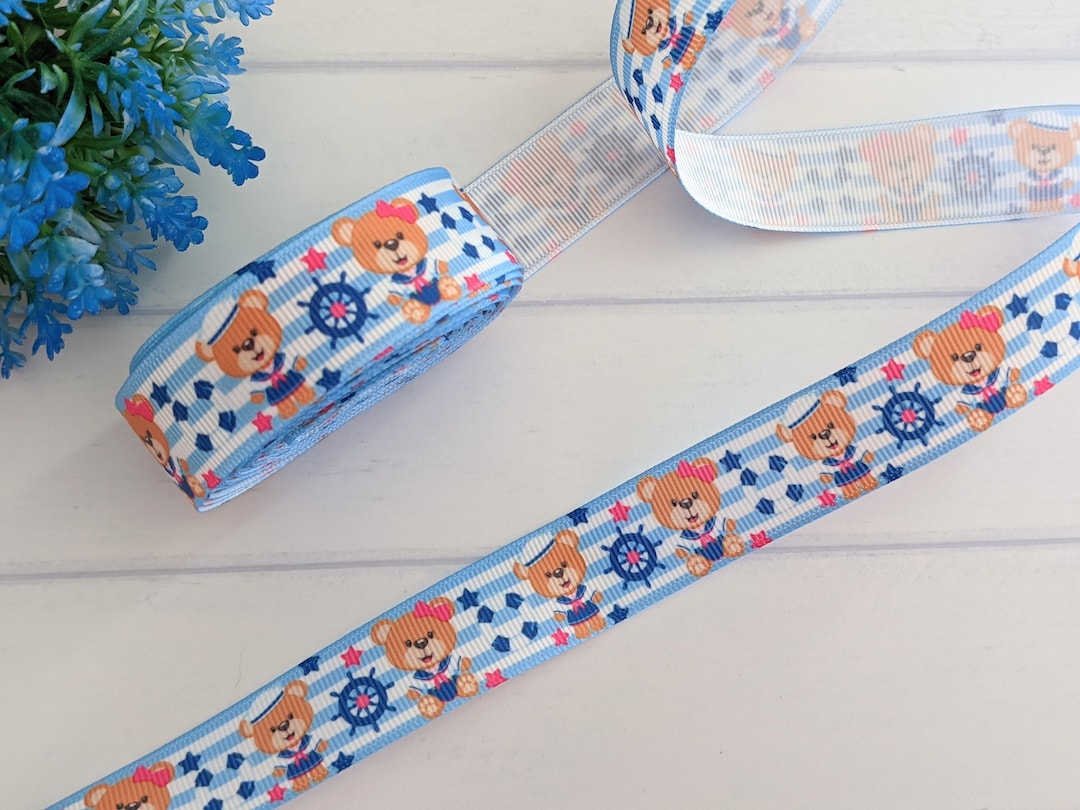 Teddy Bear Grosgrain Ribbon, Blue Nautical Baby Shower Ribbon, Sailboat ...