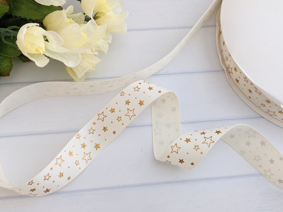 Ivory Gold Star Grosgrain Ribbon, 1 Inch Gift Wrap Ribbon, Golden ...