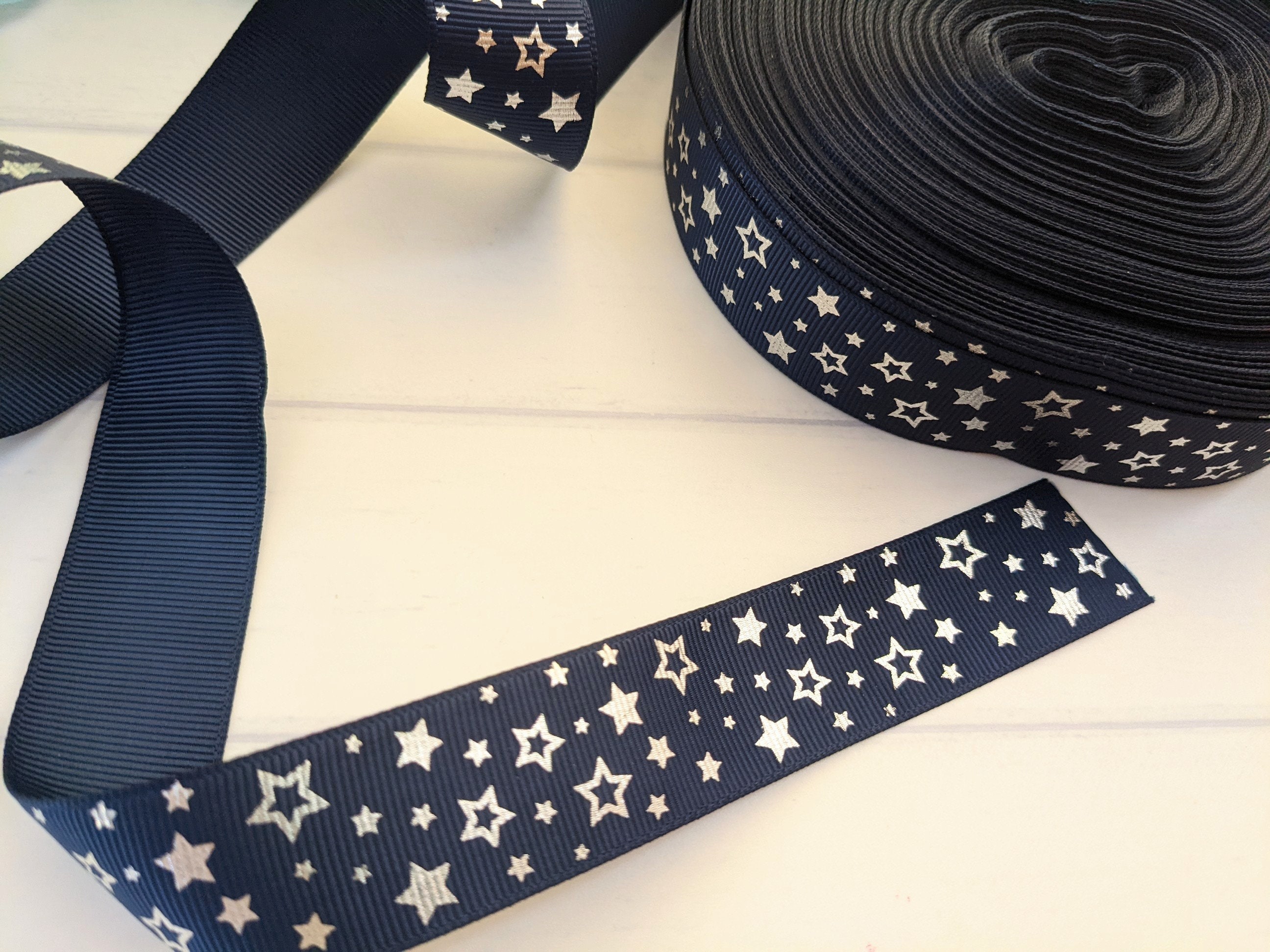Navy Blue Ribbon, Silver Star Ribbon, Grosgrain Ribbon, Baby Hair Bow ...