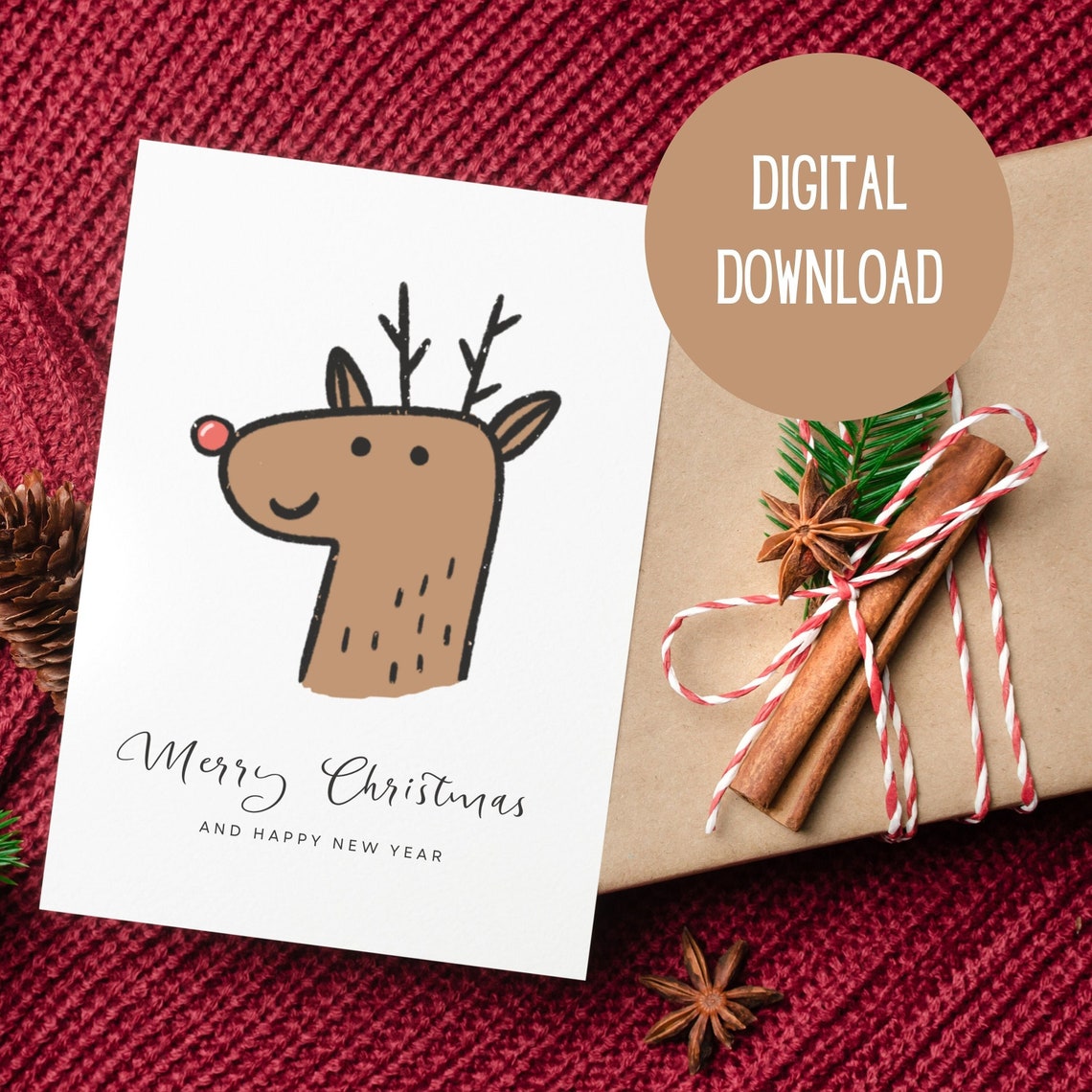 Red-nosed Reindeer Christmas Card, XMAS Card, Printable Merry Christmas ...
