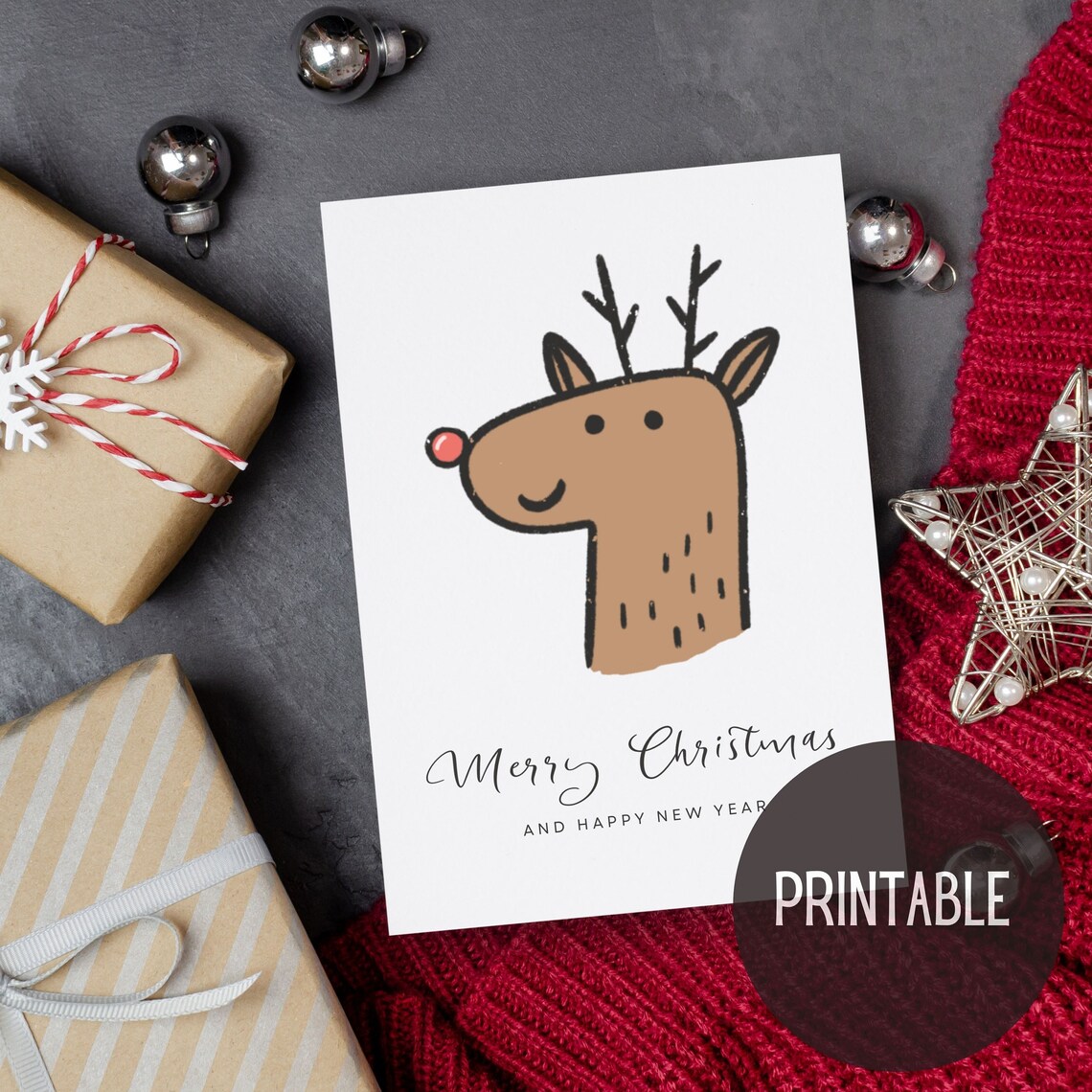 Red-nosed Reindeer Christmas Card, XMAS Card, Printable Merry Christmas ...
