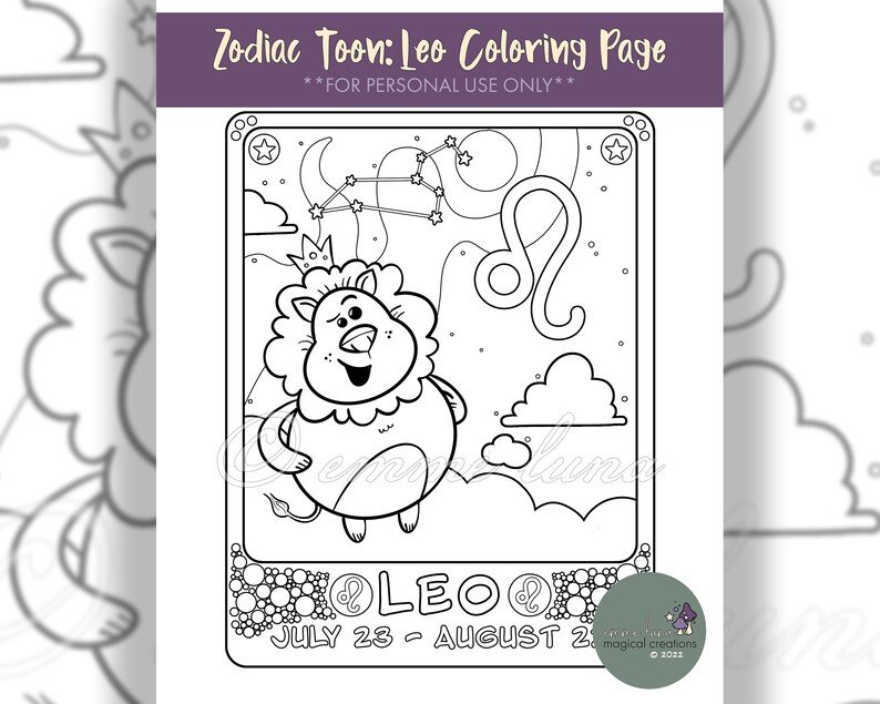Zodiac Toon: LEO Printable Coloring Page JPEG PDF - Etsy