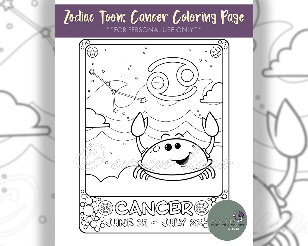 Zodiac Toon: CANCER - Printable Coloring Page, JPEG + PDF - Etsy