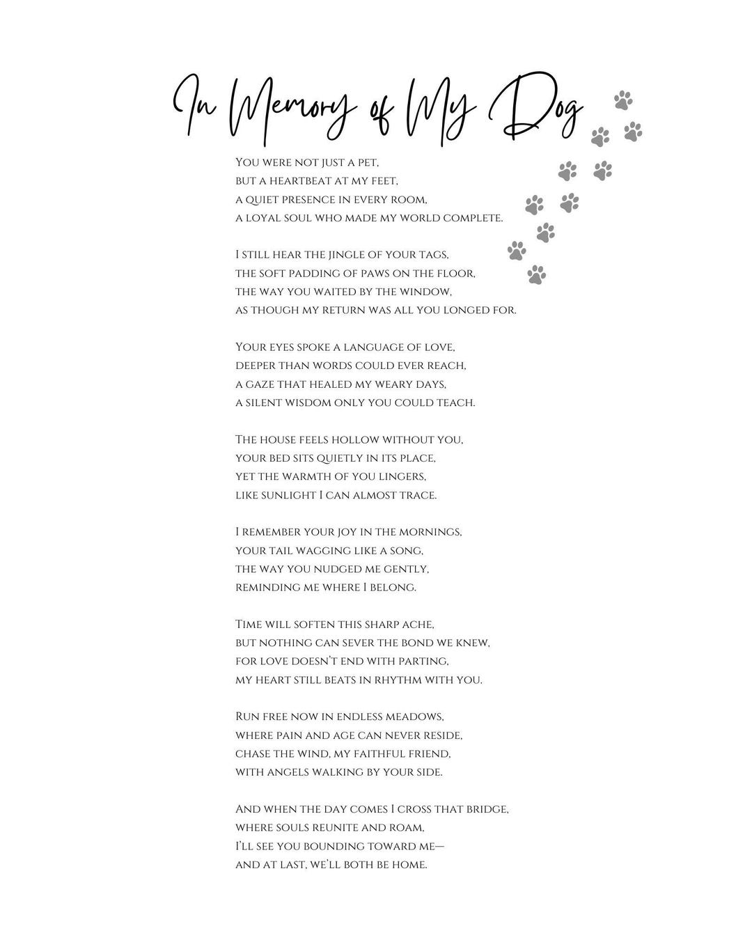 In Memory of My Dog Poem| Dog Memorial Poem Printable| Pet Loss Digital ...